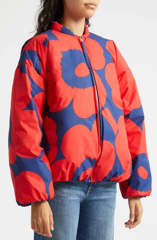 Marimekko Unikko Lightweight Padded Bomber Jacket In Red Blue - 60